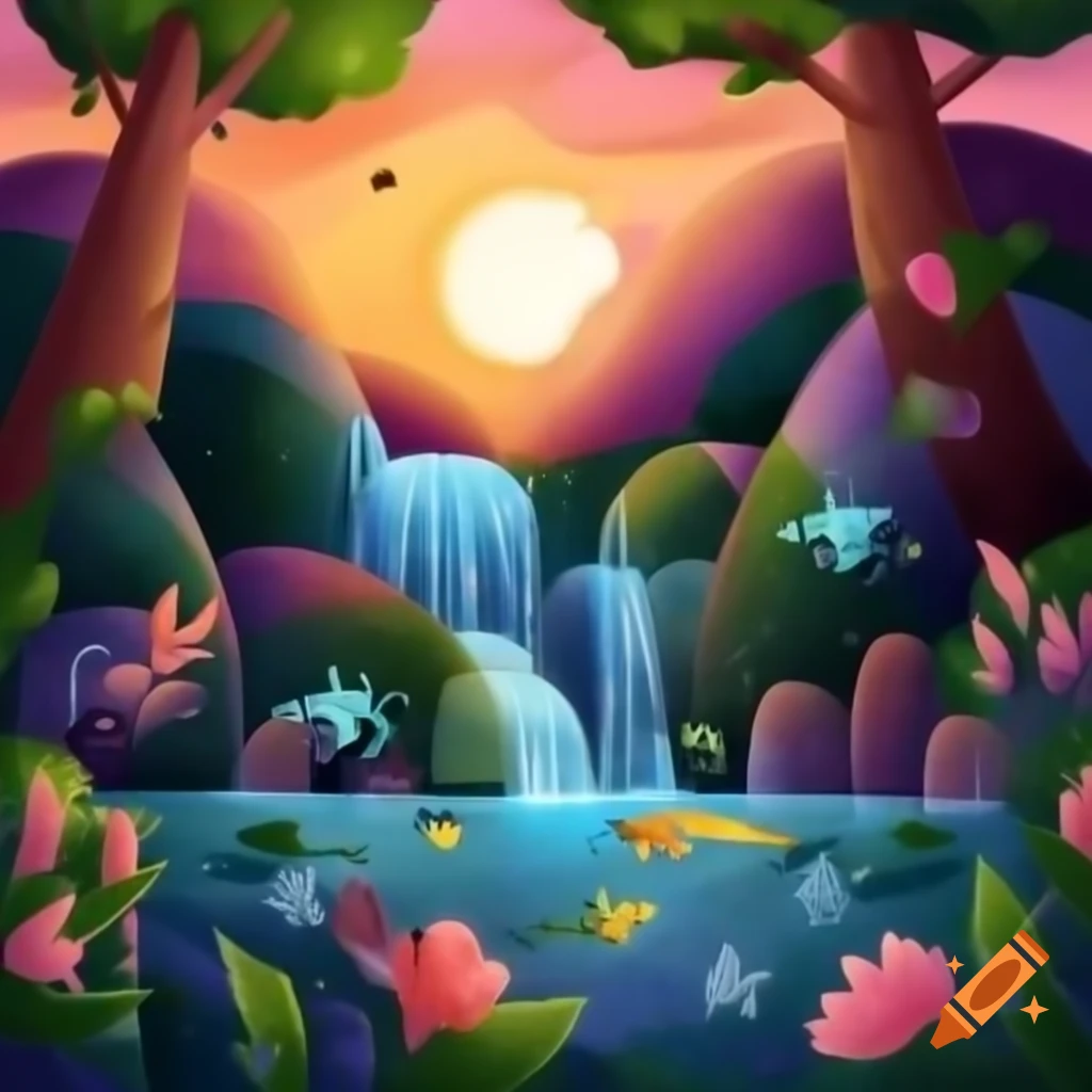 Fantasy valentine's day scene with waterfall, fish, spring flowers, and ...