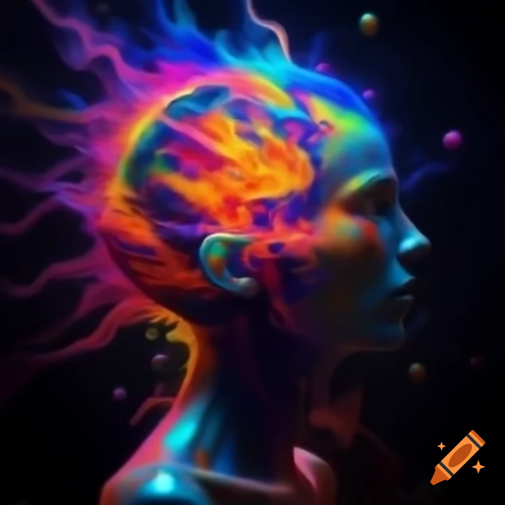 Psychedelic human head with vibrant colors and radiant patterns on Craiyon