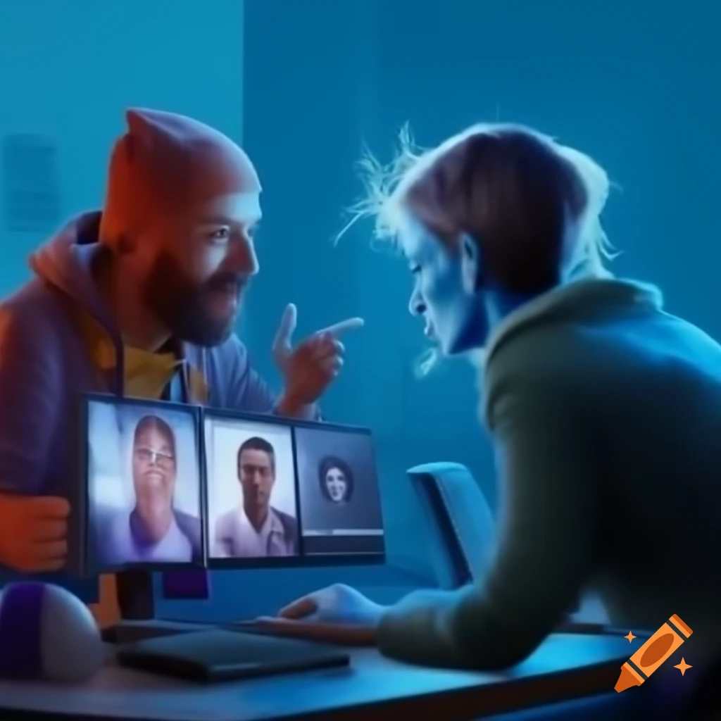 Person engaging with avatar in virtual life and interacting with real ...