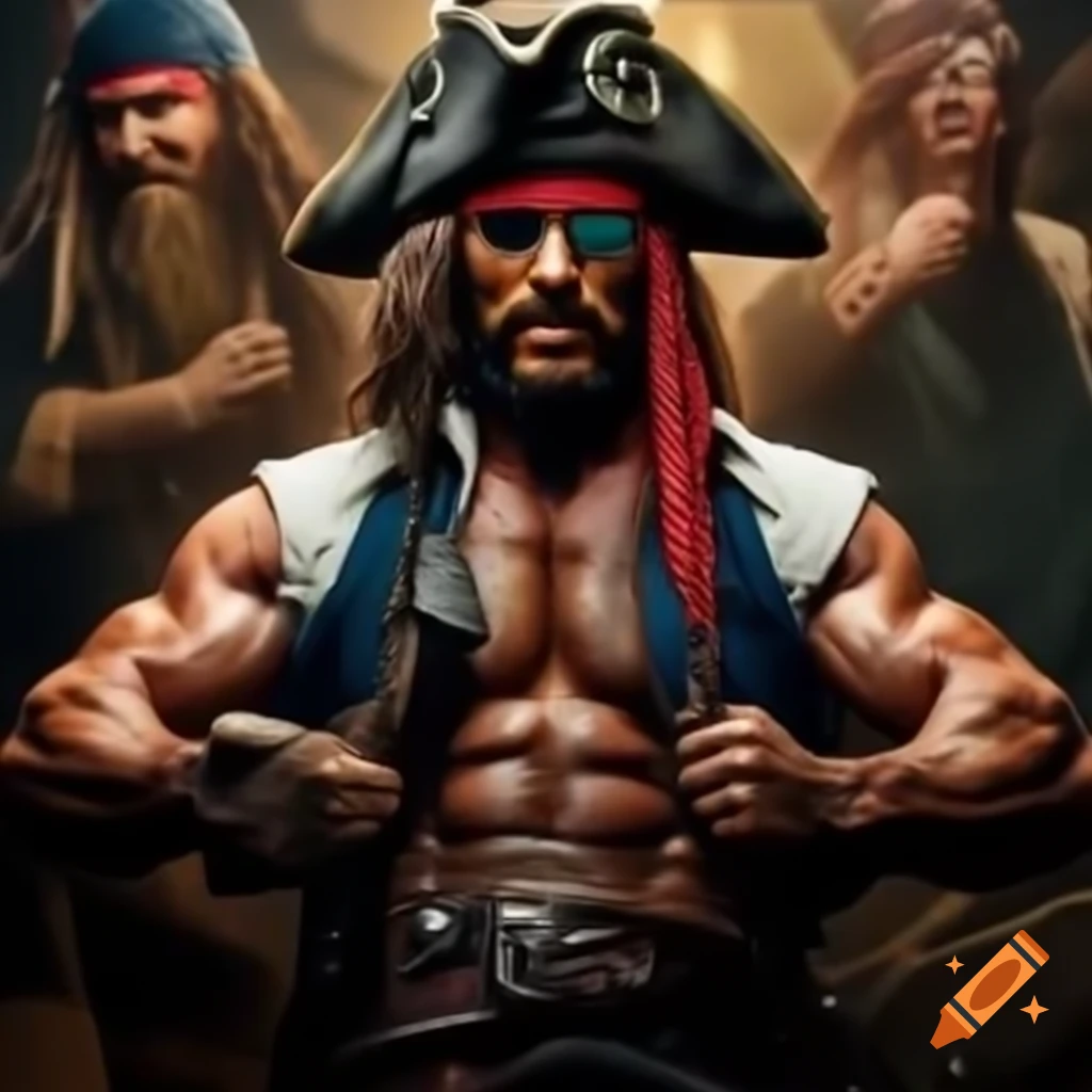 Captain Hook with muscles holding Peter Pan in a headlock on Craiyon