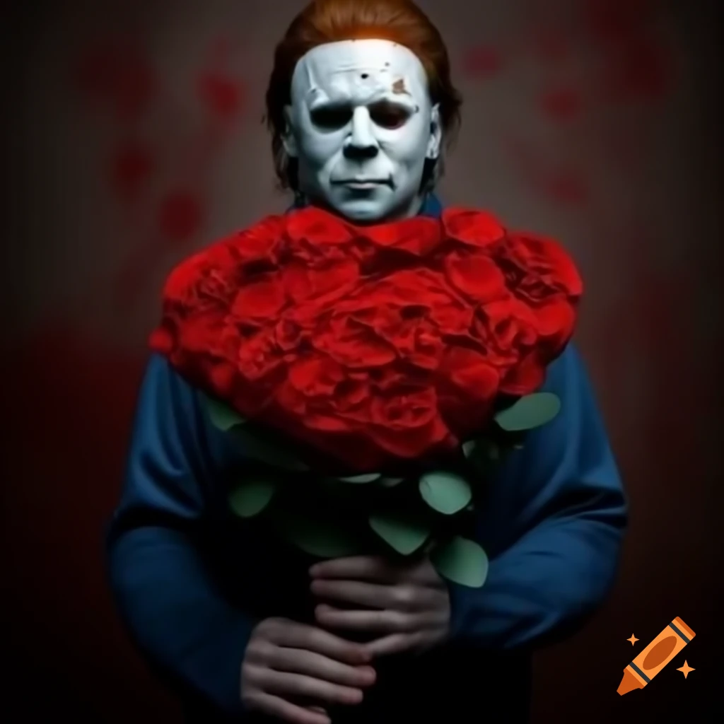 Michael Myers holding bouquet of red roses for Valentine's Day on Craiyon
