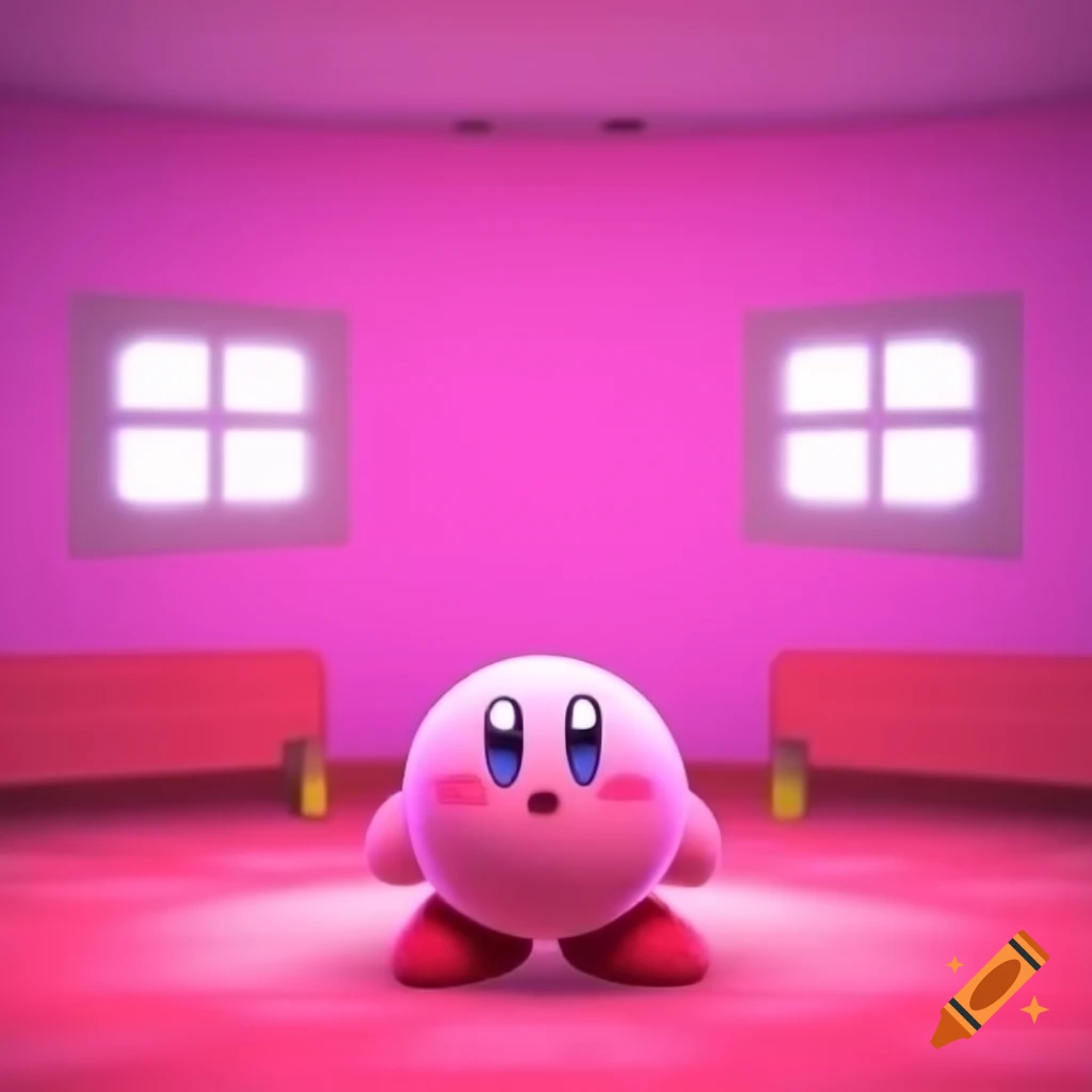 Kirby sitting in an empty pink room, smiling at the camera on Craiyon
