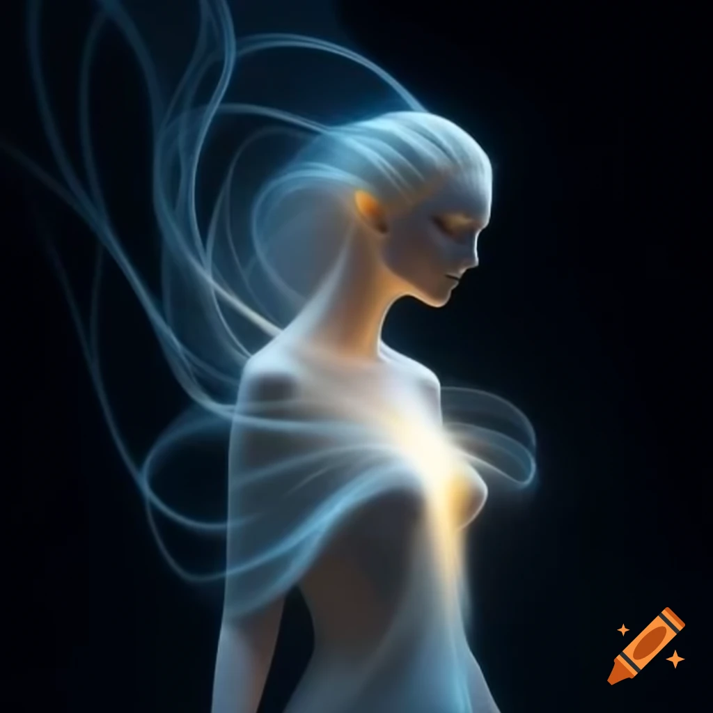 Ethereal figure of light representing technology and humanity with ...