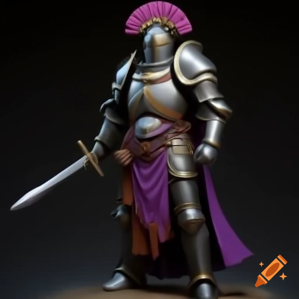 Realistic tall knight in full plate armor with purple robe in combat ...