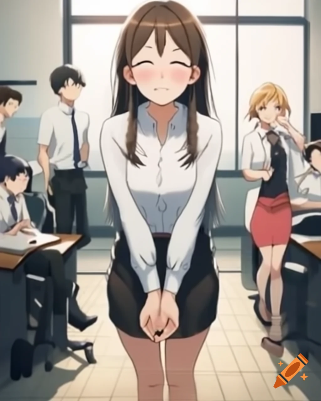 Anime scene with young woman in business outfit embarrassed in office ...