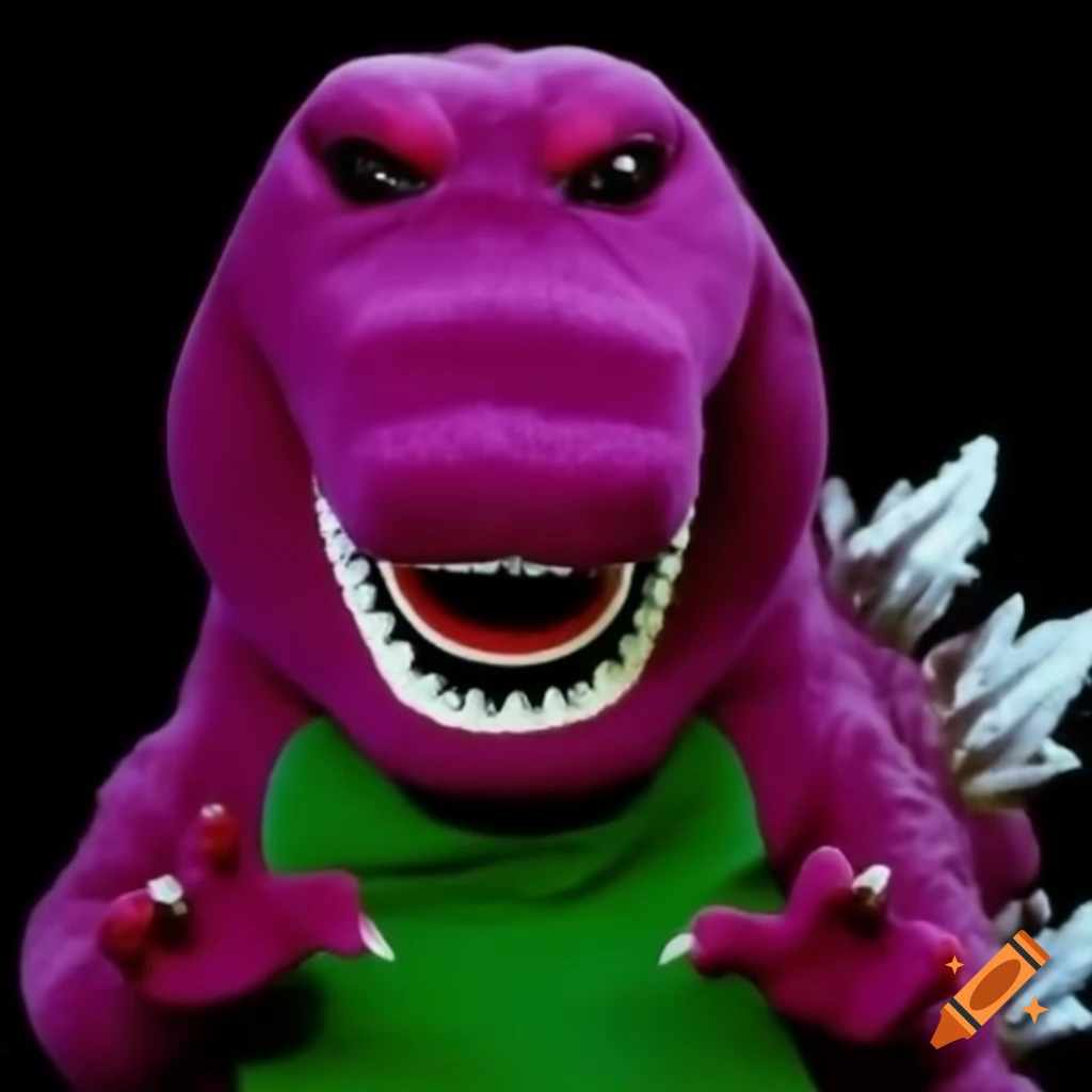 Godzilla dressed in barney costume on Craiyon