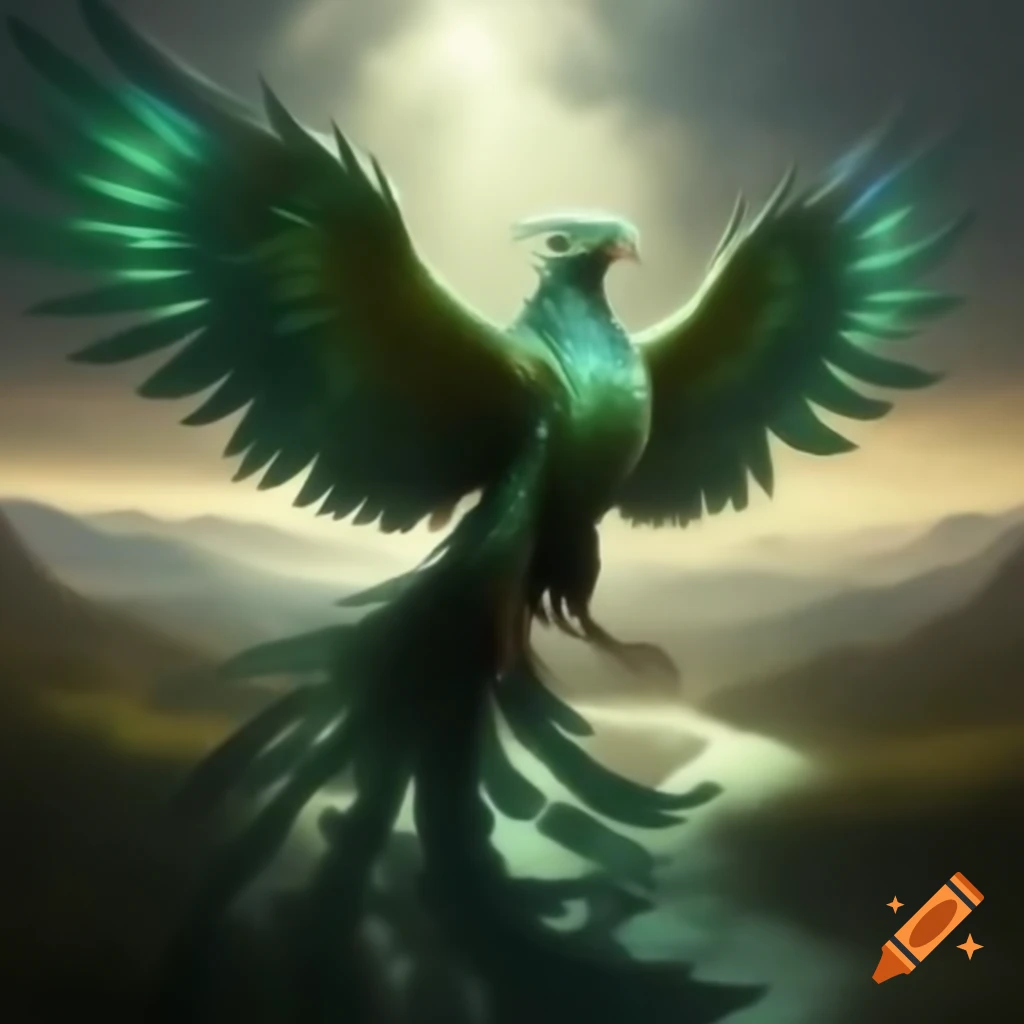 Ethereal bird resembling phoenix with green and cyan feathers soaring ...