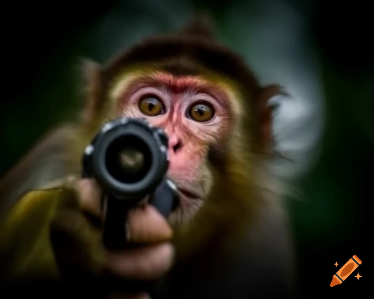 Monkey holding revolver in a playful manner on Craiyon