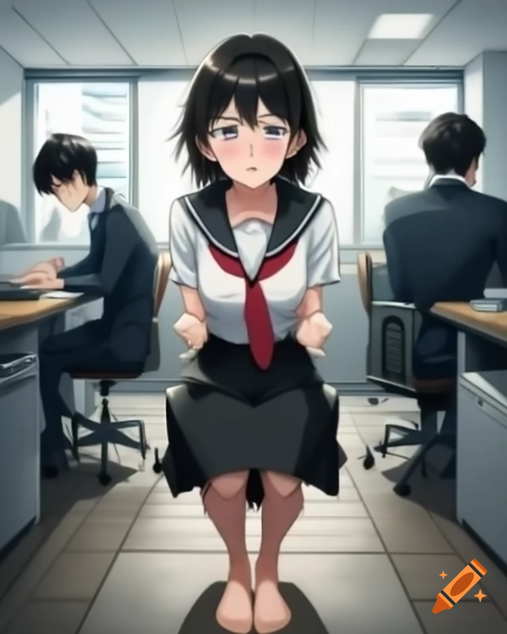 Anime scene of embarrassed young woman in disheveled business outfit in ...