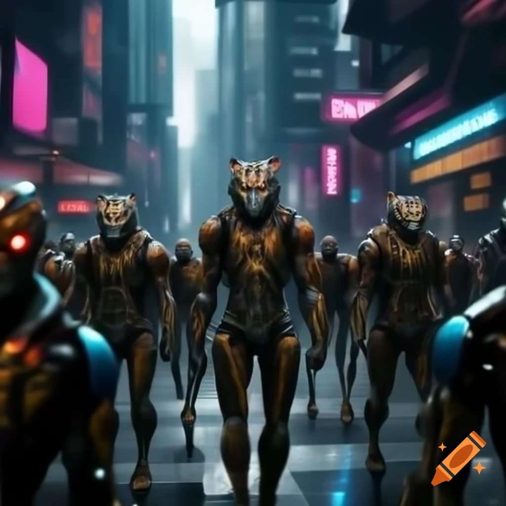 Cyberpunk cityscape featuring cyborg tiger humanoids on Craiyon