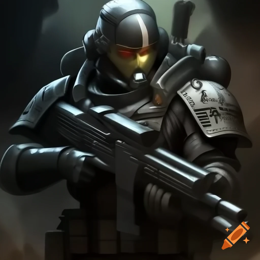 Soldier in black heavy metal armor with machine gun and skull helmet on ...
