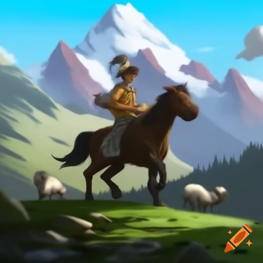 Man riding horse on mountains with goats nearby on Craiyon