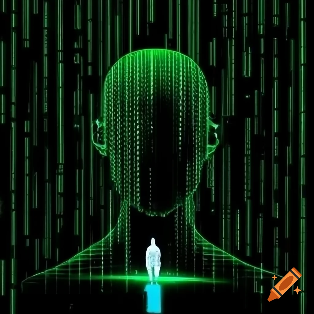 Faceless humanoid figure of glowing green matrix code on black ...