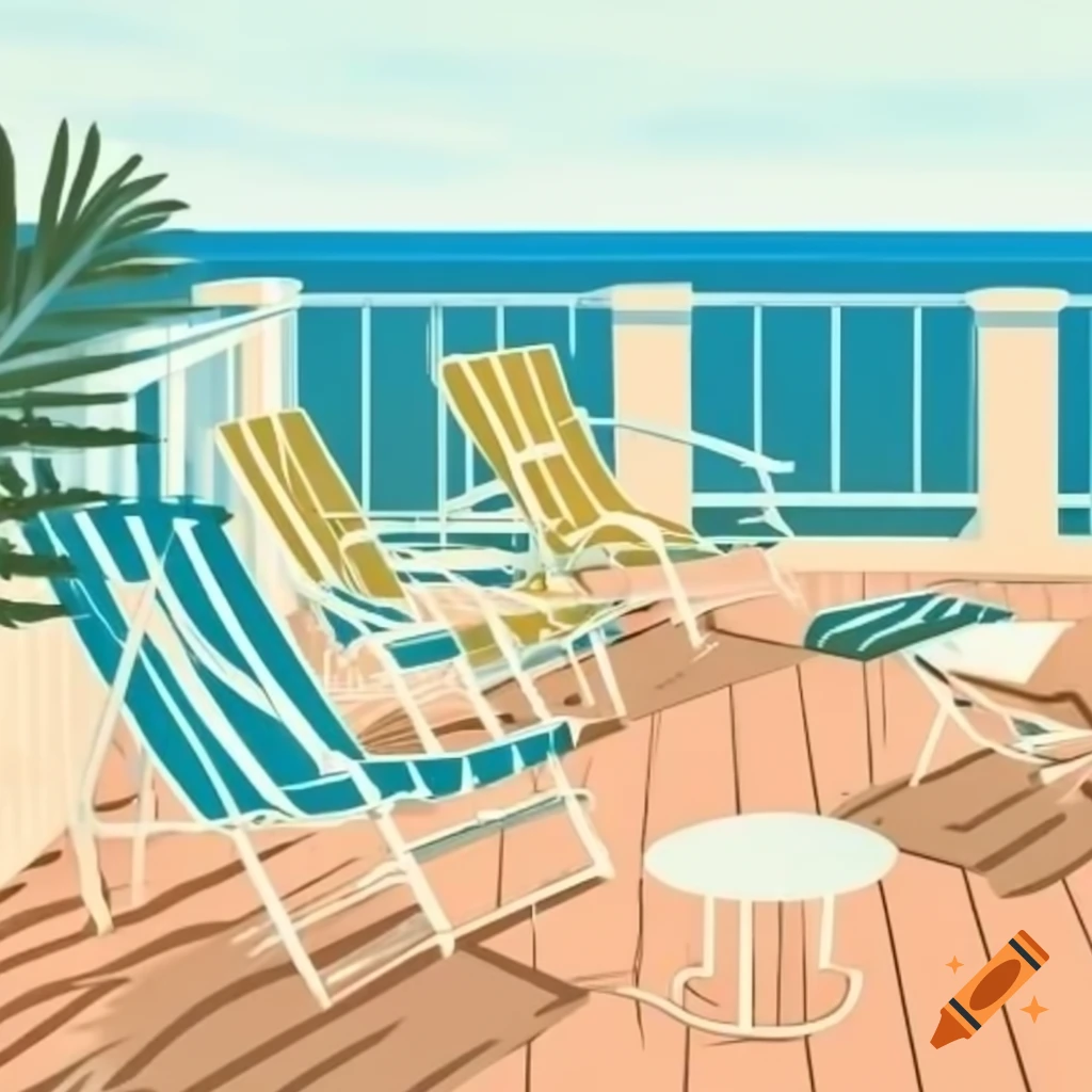 70s style chairs and deck chairs on terrace with ocean view on Craiyon