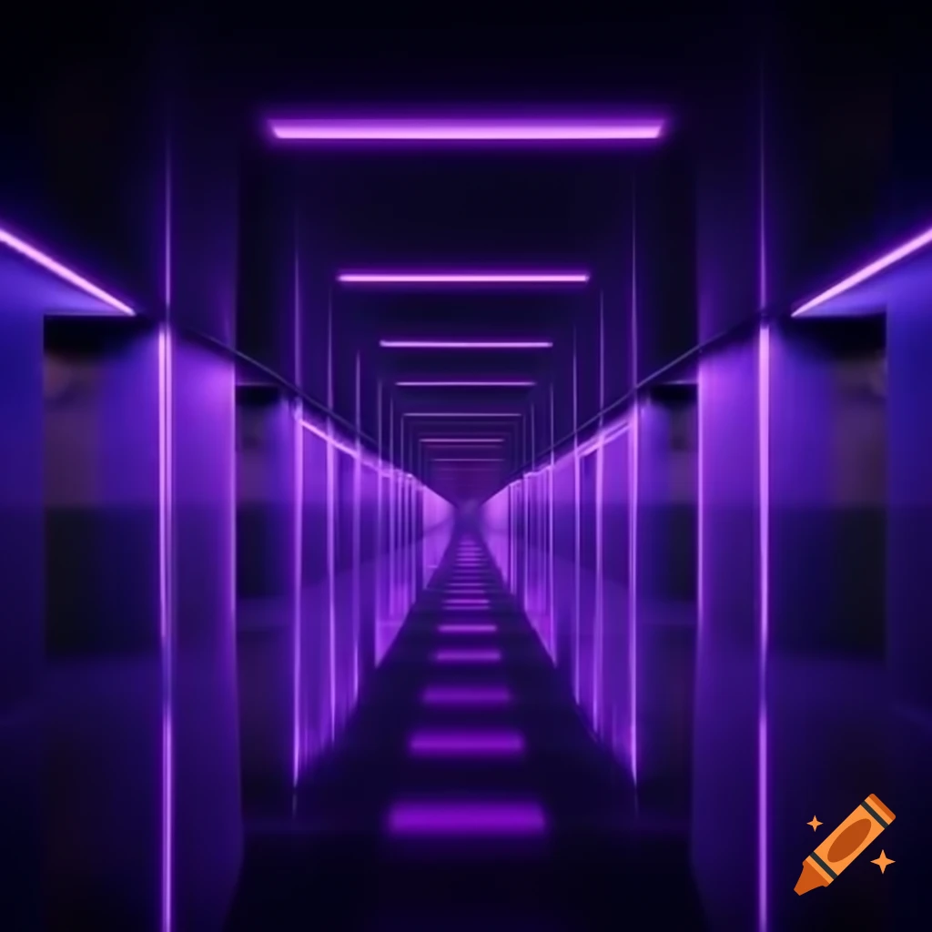 Liminal space hallway with purple neon glow at nighttime on Craiyon