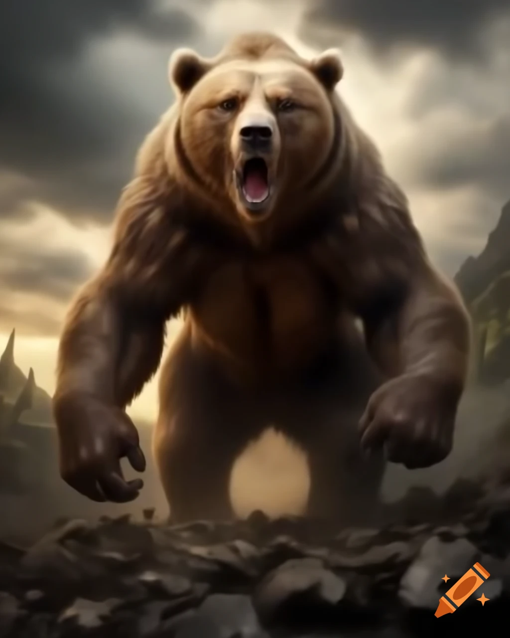 Powerful bear-human creature rearing up on hind legs on Craiyon