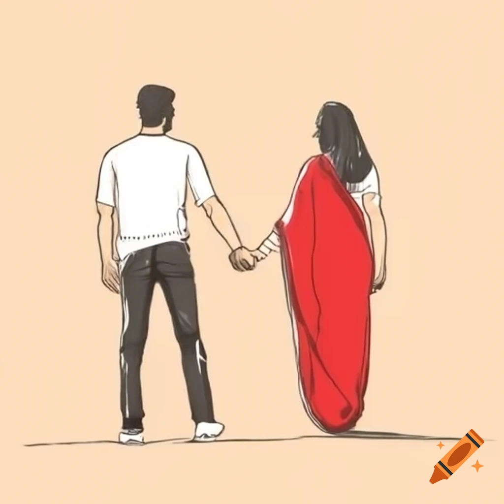 Couple in traditional red dress and casual attire, standing closely ...