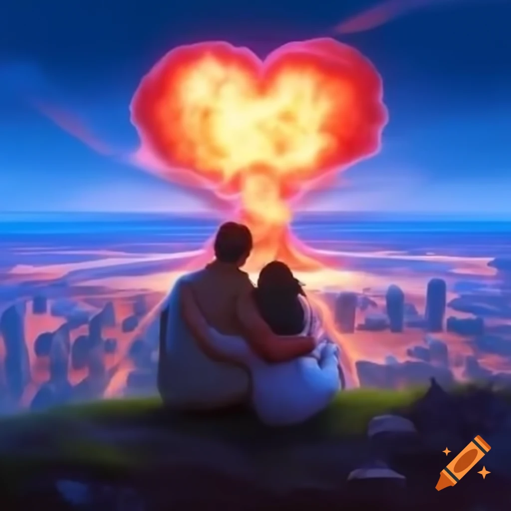 Couple cuddling on cliff with heart-shaped explosion in city, Sunday ...