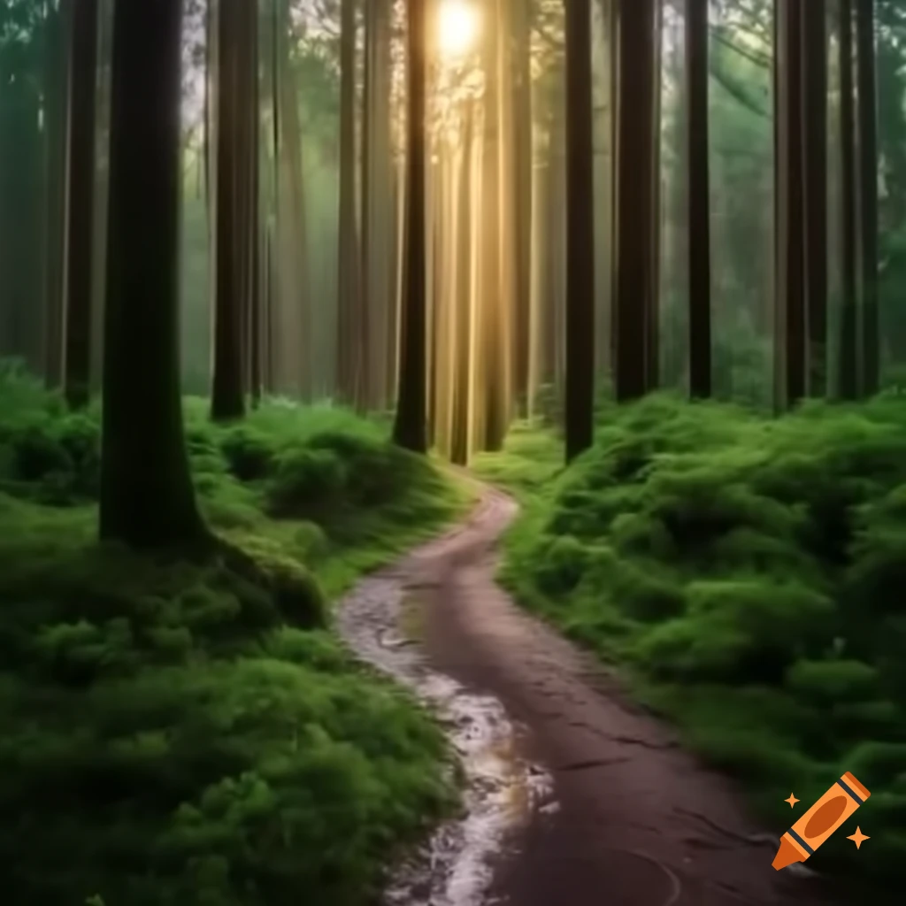 Wet forest trail with sunlight shafts piercing through trees on Craiyon