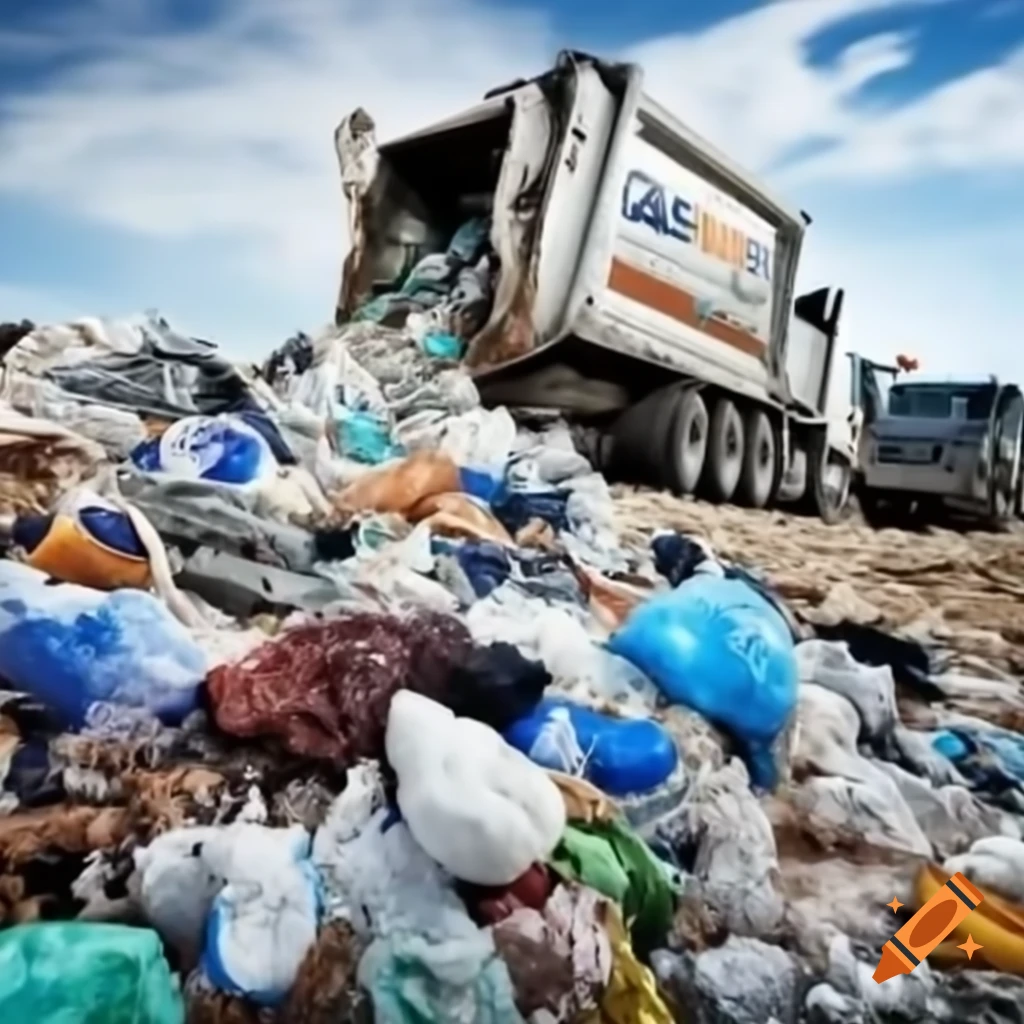 Garbage truck depositing waste into landfill with various materials on ...