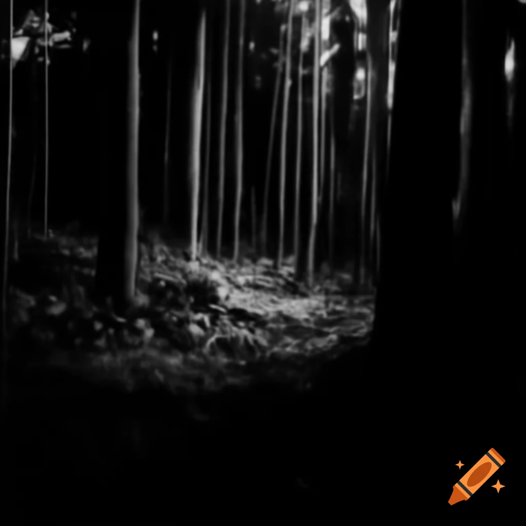 Low quality black and white photo of a crowded forest at night on Craiyon