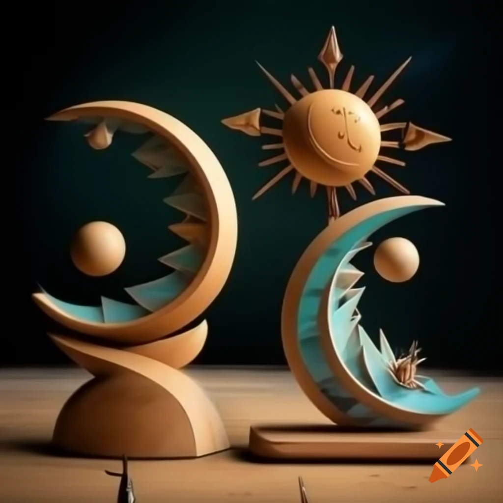 Wooden sculptures featuring celestial themes with psychedelic patterns on Craiyon