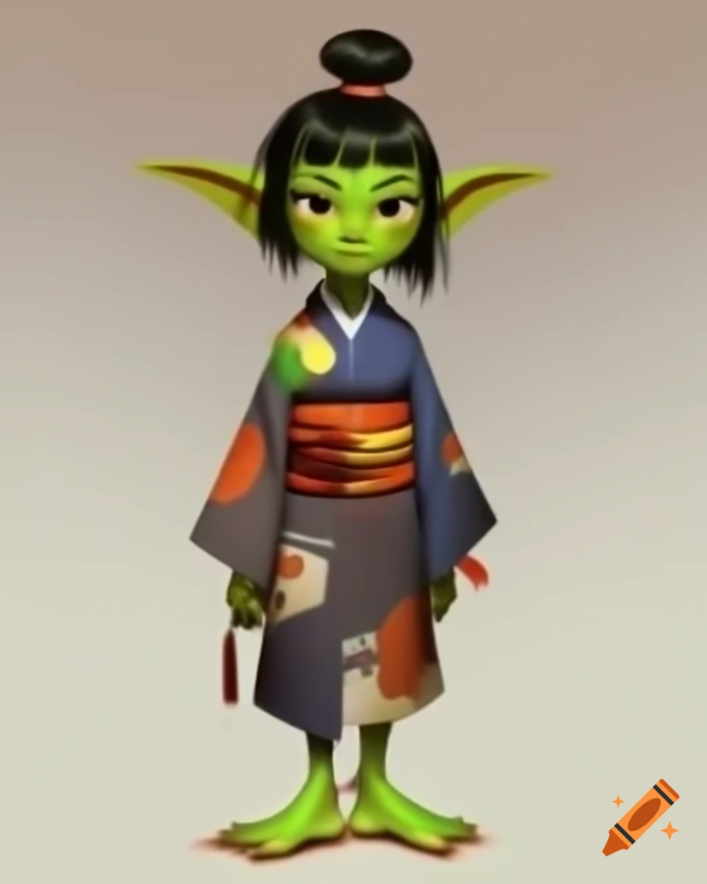 Green-skinned goblin girl in colorful kimono barefoot, anime style on ...