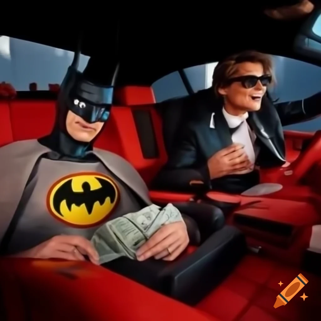 Batman and Robin in a cherry-red Dodge Hellcat, laughing with shiny ...