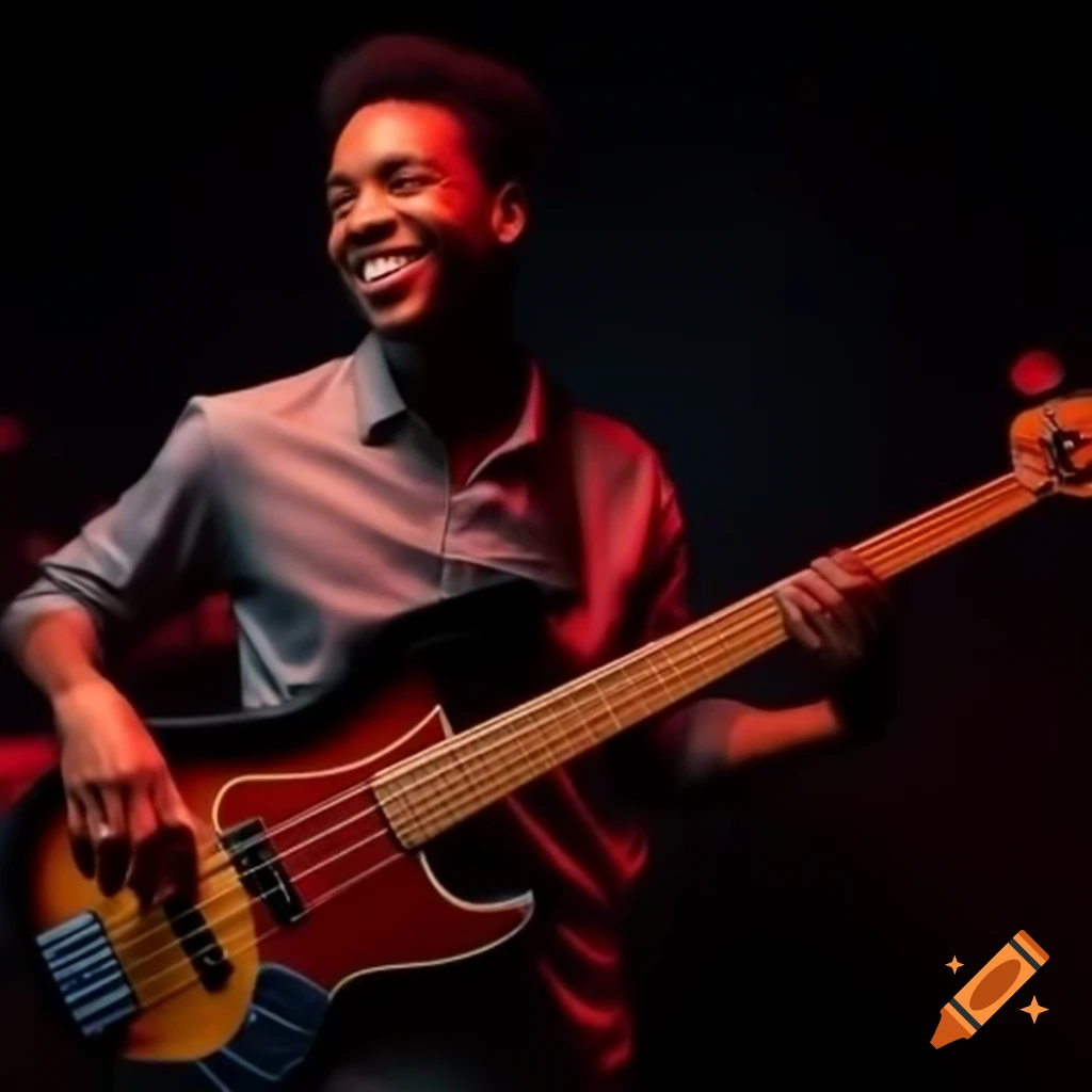 Young black musician with bass guitar smiling on Craiyon