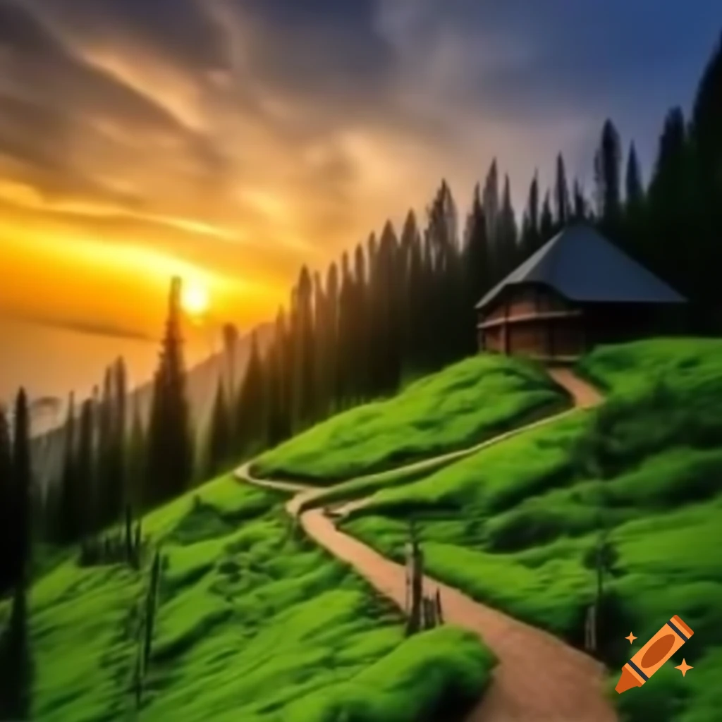 Stunning mountain view with misty peaks and green pine forests, traditional village in valley on ...