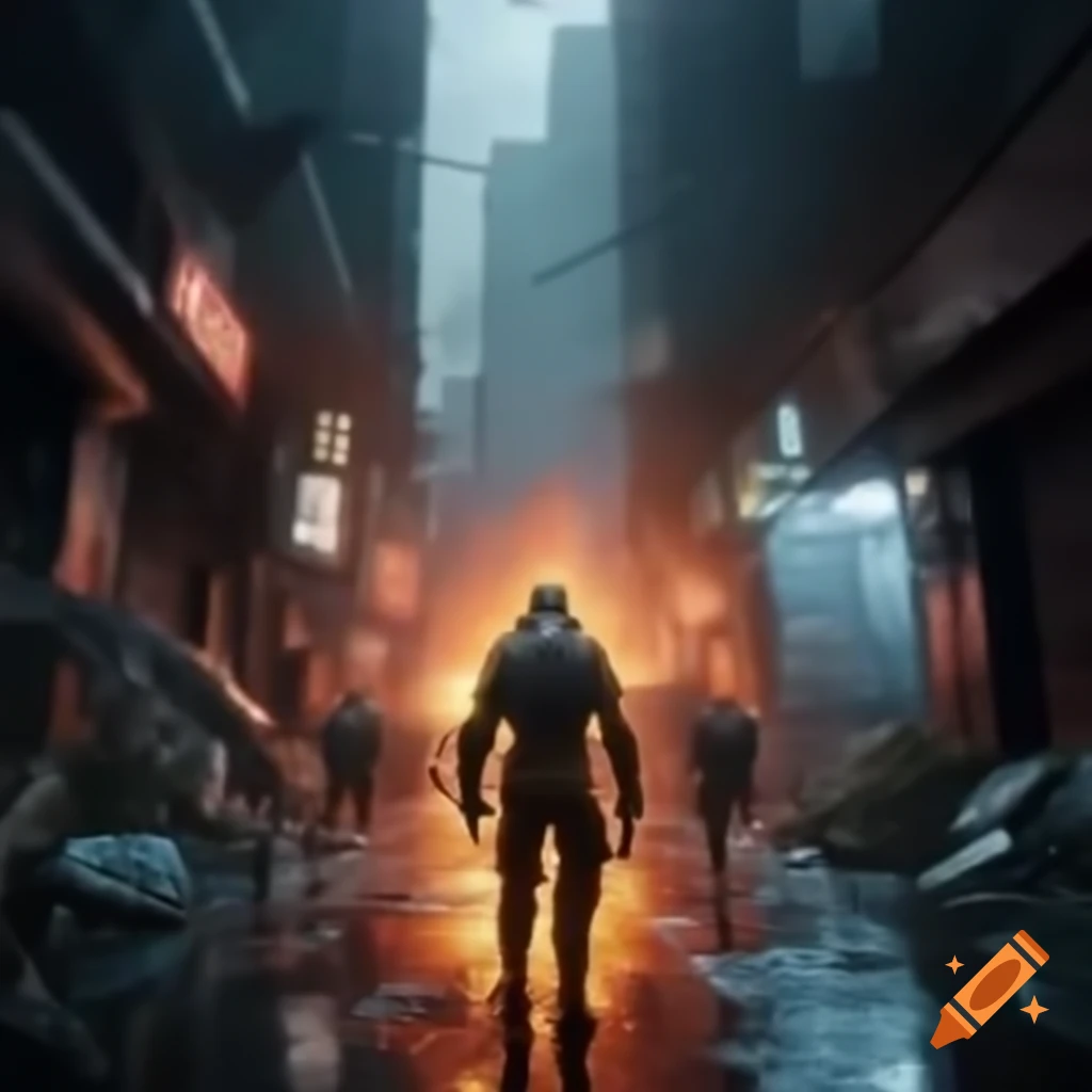 Cyberpunk alleyway with gangs clashing amidst neon lights and tracer ...
