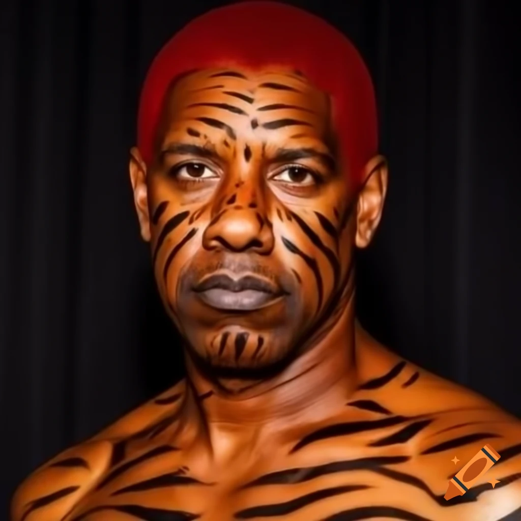 Muscular man with tiger-style makeup, red hair, and orange skin on Craiyon
