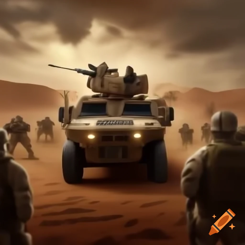 Armored personnel carrier in desert with infantry and sandstorm ...