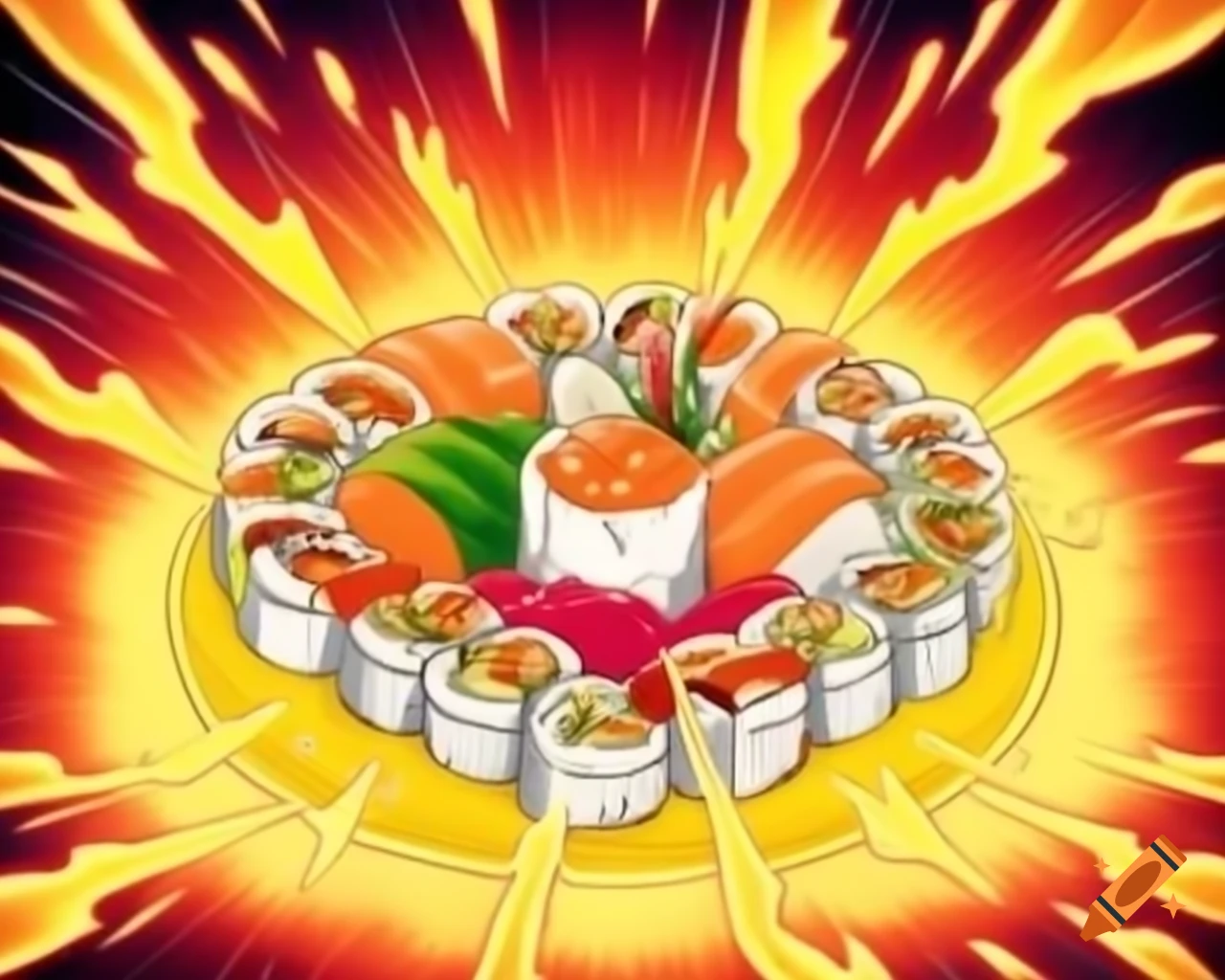 Vibrant anime-style sushi and rolls bursting with colors on Craiyon