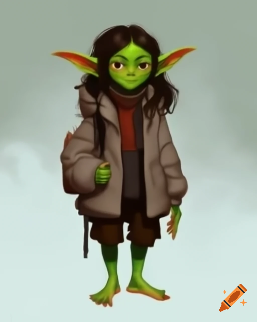 Anime goblin girl in winter clothes, green skin, barefoot on Craiyon