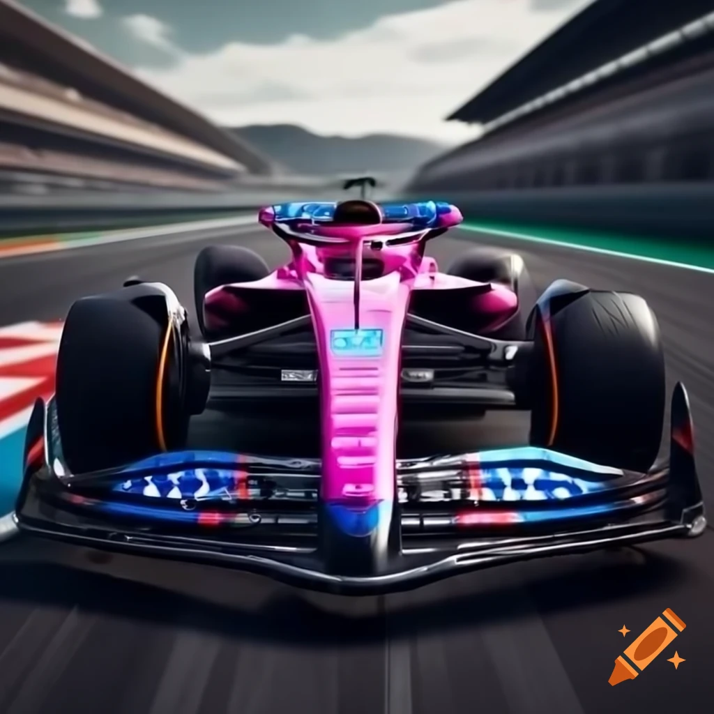 F1 car in neon colors of pink, blue, black, and white on Craiyon