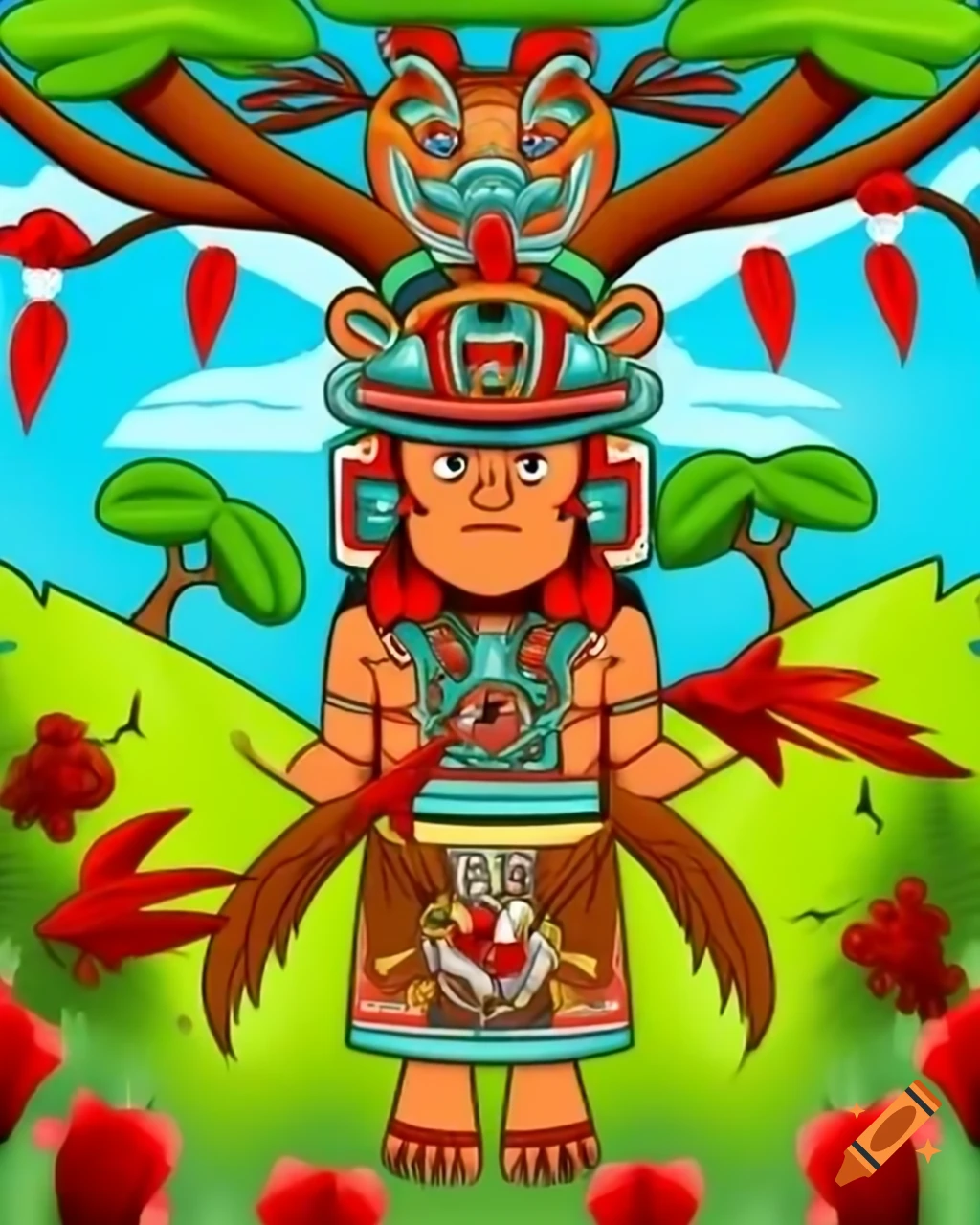 Aztec god of nature surrounded by vibrant landscape and blooming trees ...