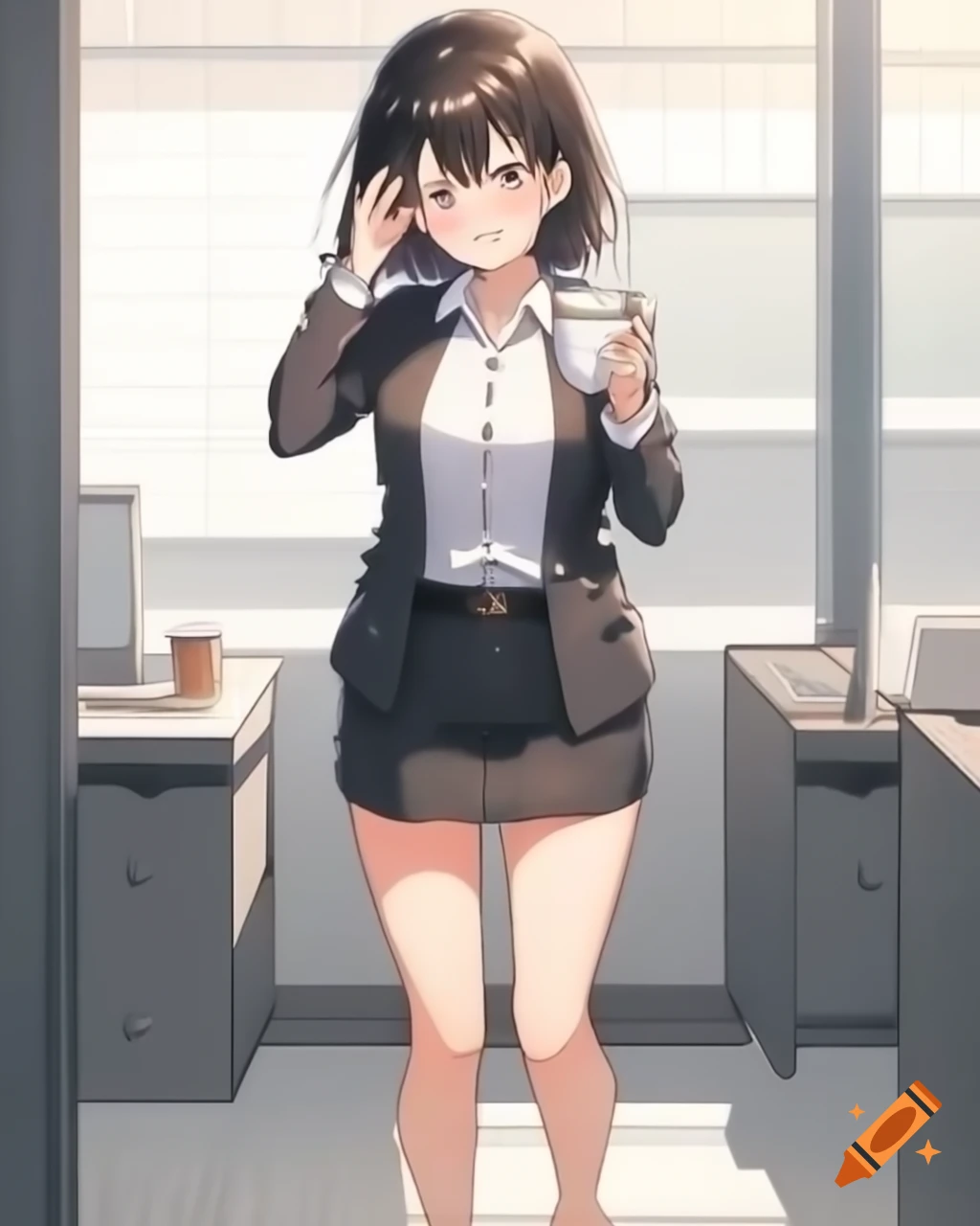 Anime character in business outfit fetching coffee in office on Craiyon