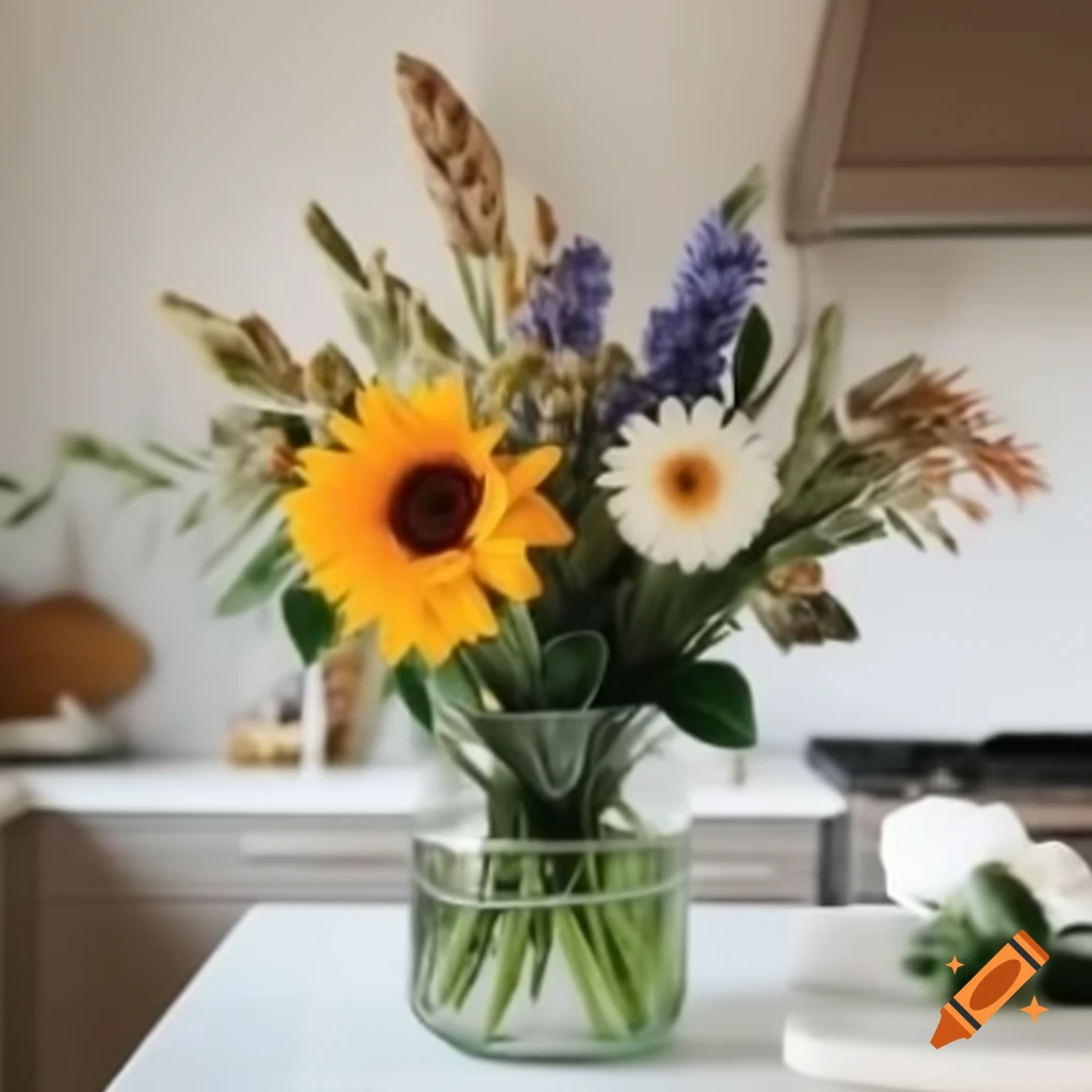 Vibrant natural flower in glass vase in modern kitchen on Craiyon