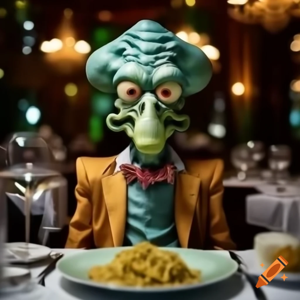 Hyper-realistic handsome squidward in elegant attire at romantic ...