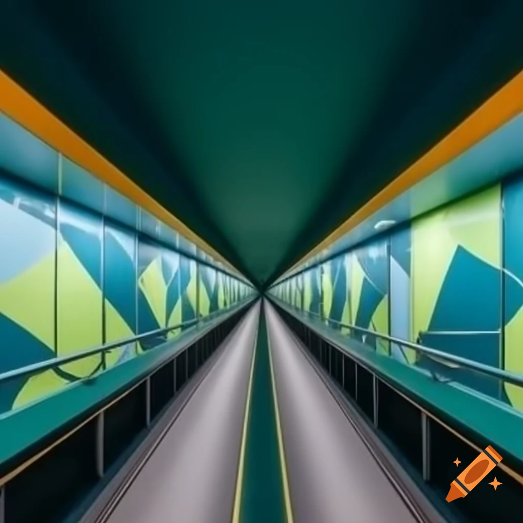 Liminal space hallway with road and blue-green racing murals on Craiyon