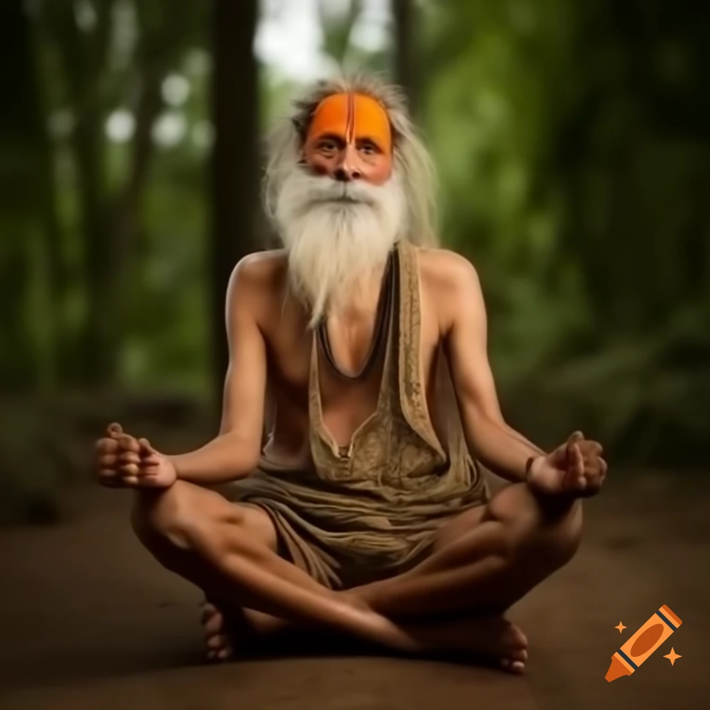 Ancient Indian sadhu practicing yoga in a forest setting on Craiyon
