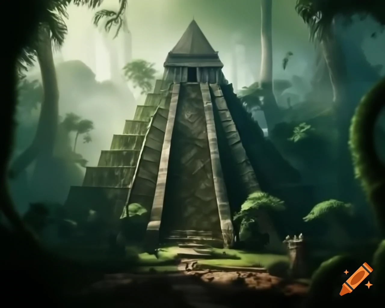 Ancient pyramid covered in vines and moss in dense jungle with mist on ...