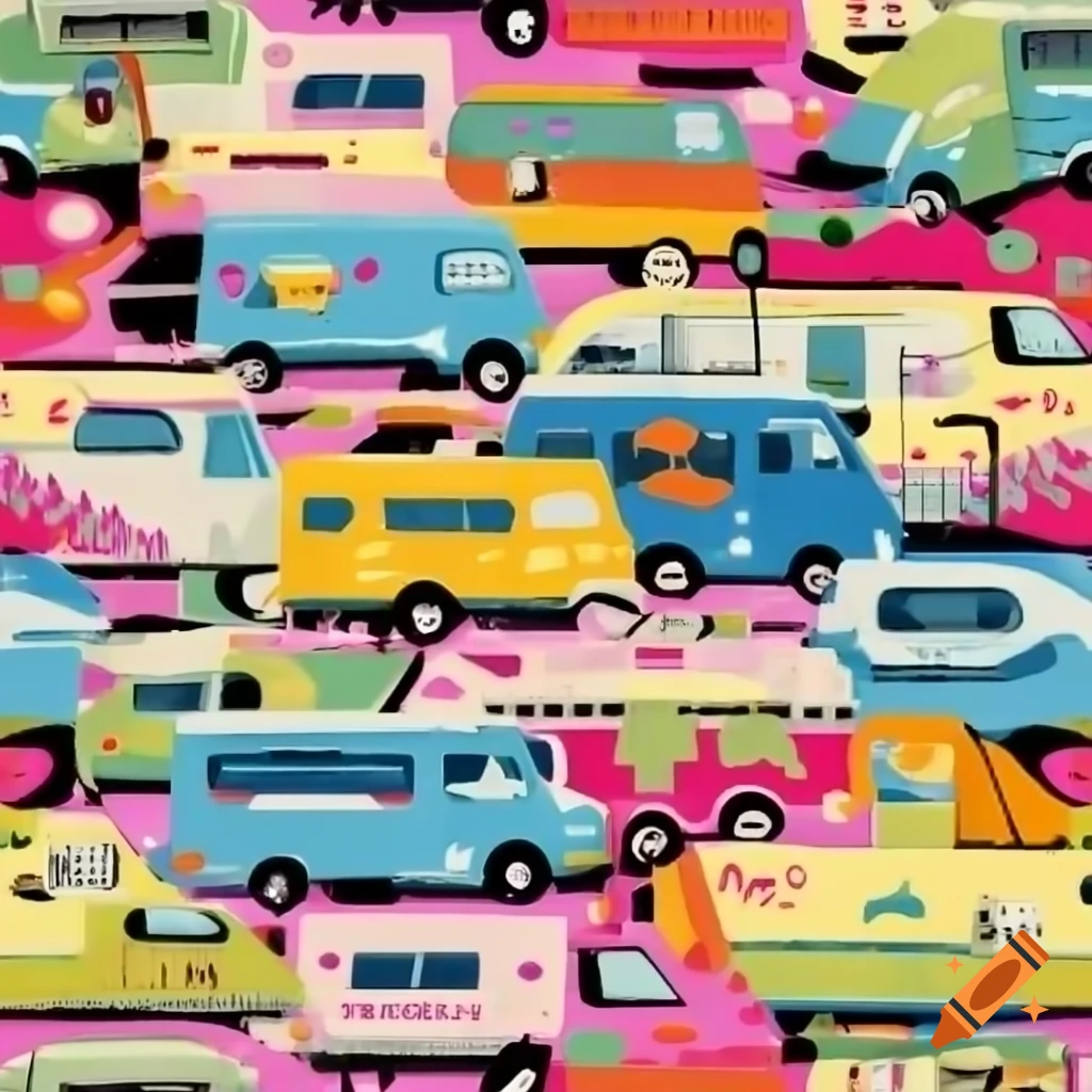 Colorful graffiti-style art featuring motorhomes and vans on Craiyon