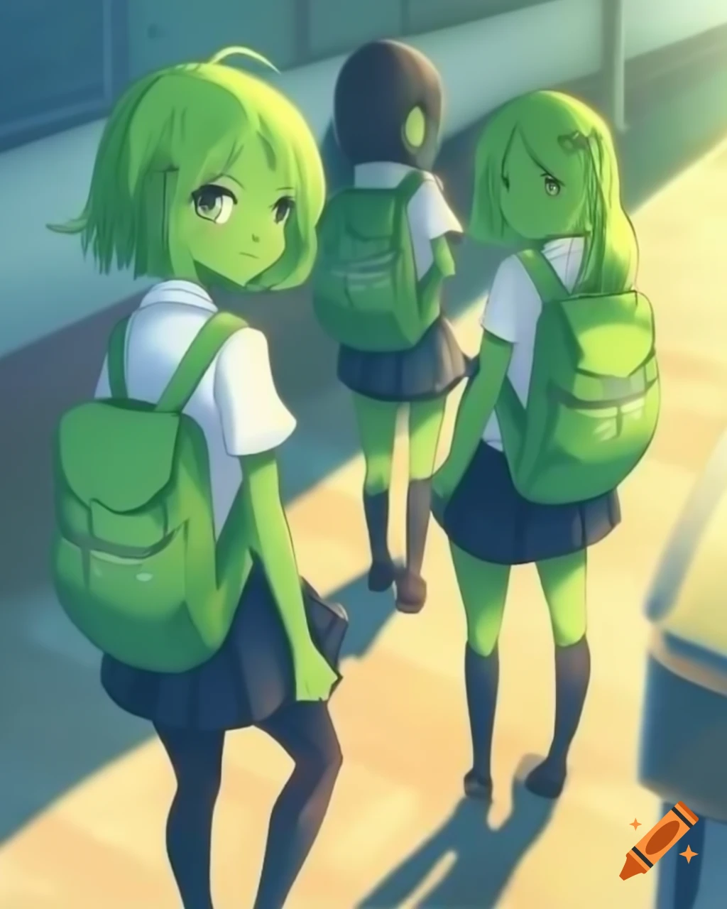 Vibrant anime scene of school with goblin schoolgirls on Craiyon