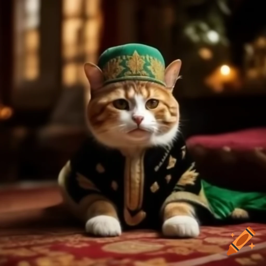 Cute cat in traditional Tatar tubeteika with golden floral patterns on ...