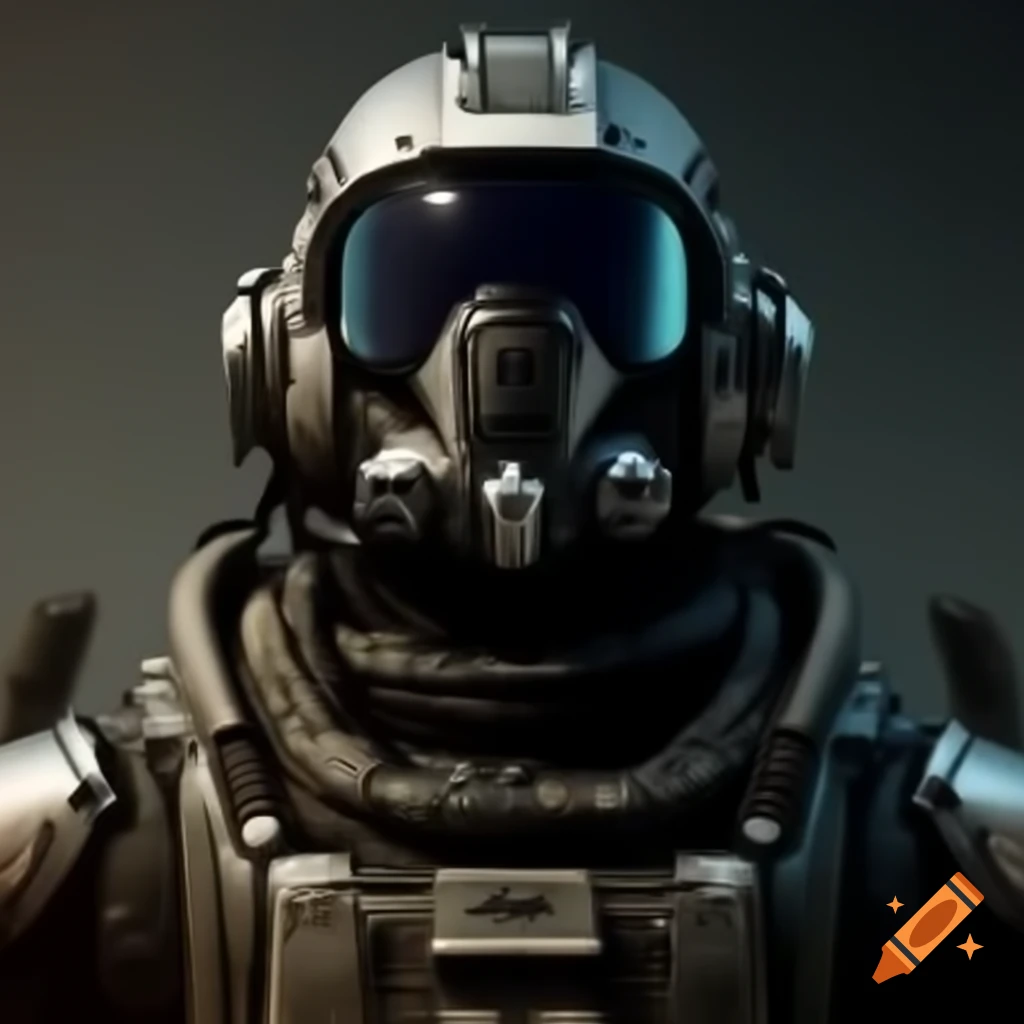 Futuristic soldier in black armor resembling jet pilot helmet on Craiyon