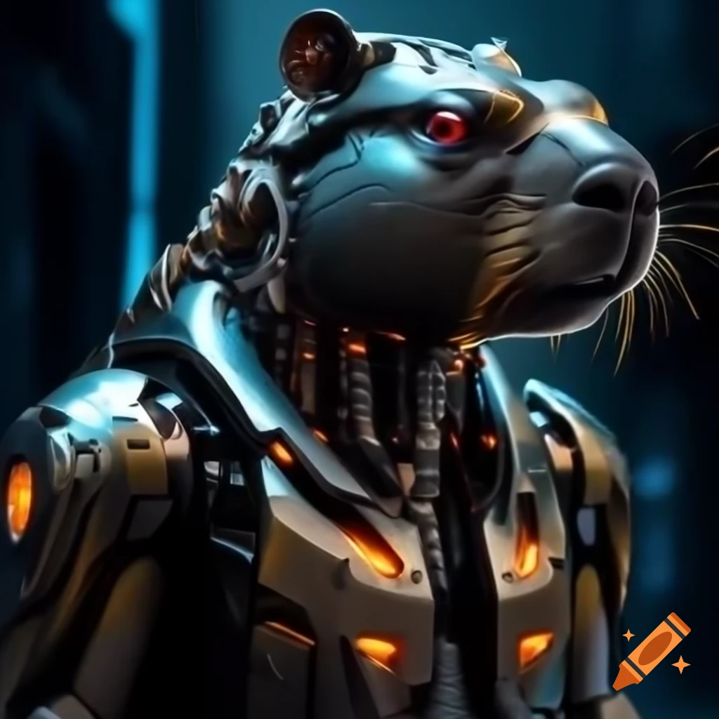 Capybara in dark cyberpunk setting with sleek carbon fiber body and ...