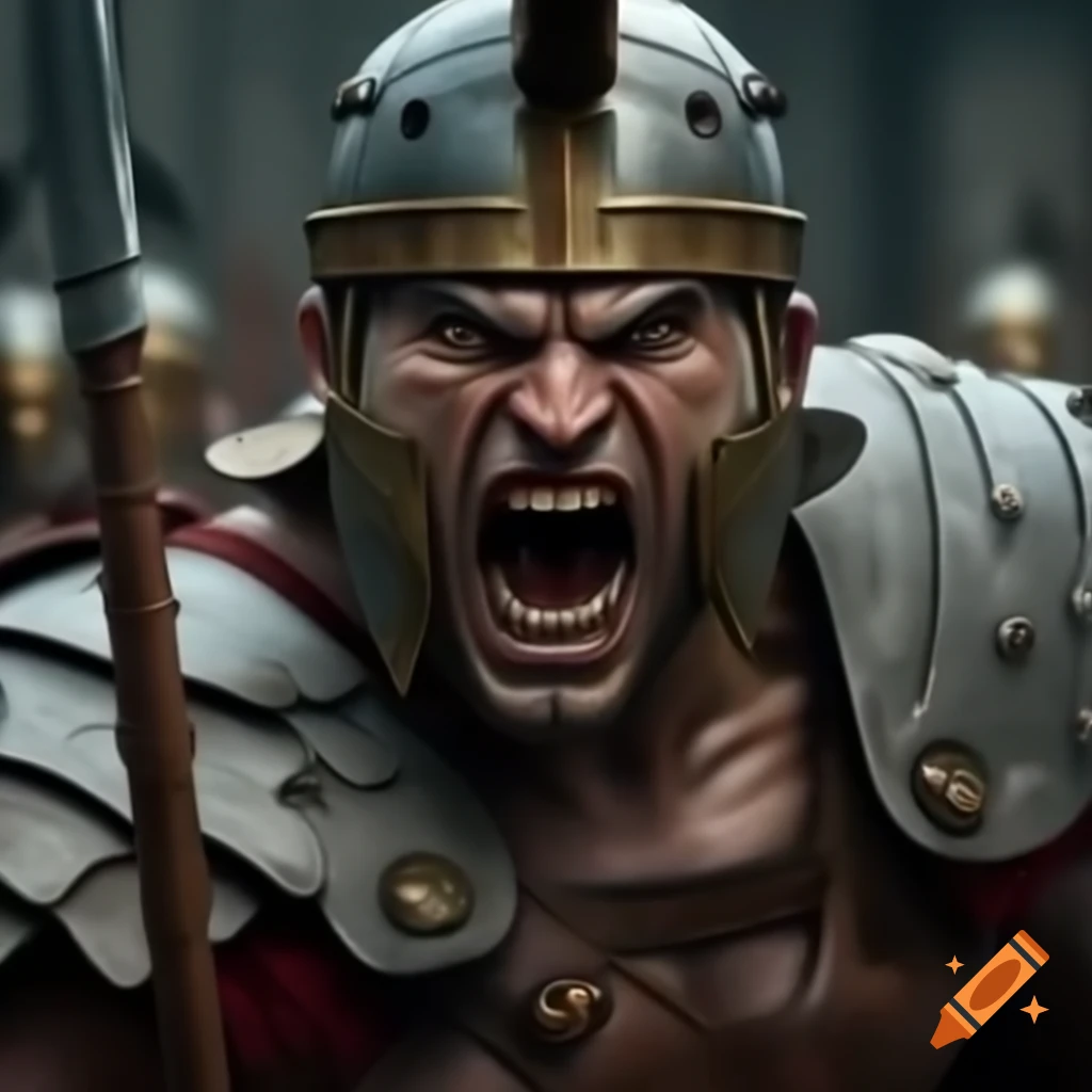 Angry ancient Roman centurion in white armor shouting with spear on Craiyon