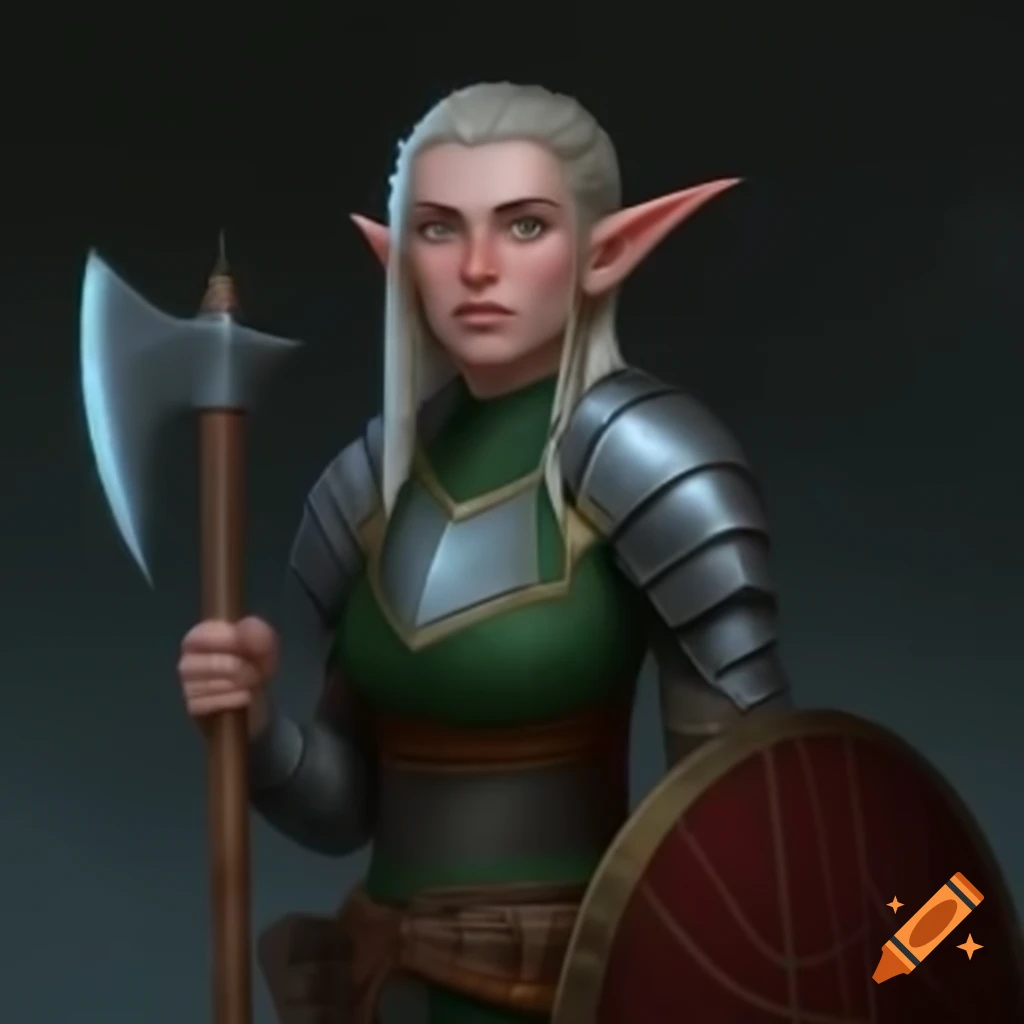 Half elf paladin in chainmail armor with battle axe and shield on Craiyon